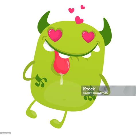 혀를 보여주는 사랑에 웃 긴 만화 녹색 괴물입니다 Stvalentine의 일에 대 한 귀여운 괴물의 벡터 일러스트 레이 션 개체 그룹에 대한 스톡 벡터 아트 및 기타 이미지