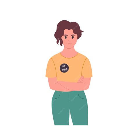 Premium Vector Young Character With Gender Pronouns Pin She He