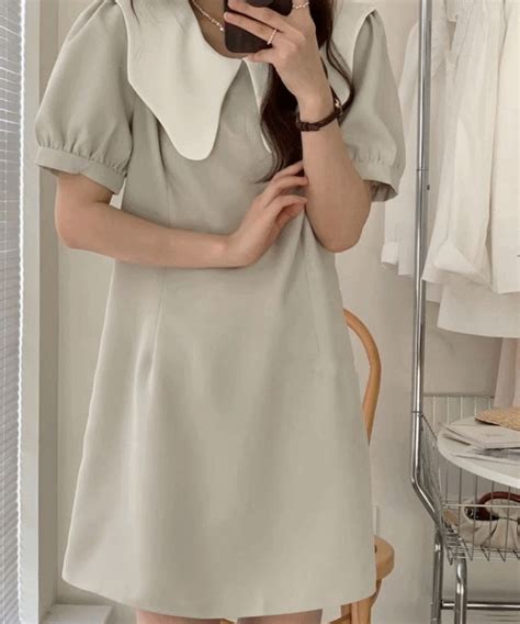 당일신상 물결 카라넥 원피스 하객룩 여름원피스 미니원피스 퍼프 소매 반팔원피스 에이블리