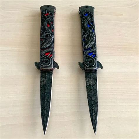 875 Dragon Engraved Blue Cool Knife Tactical Spring Assisted Etsy