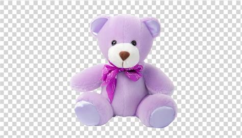 투명 한 배경 에 분홍색 활 을 가진 보라색 테디 베어 프리미엄 Ai 생성 Psd