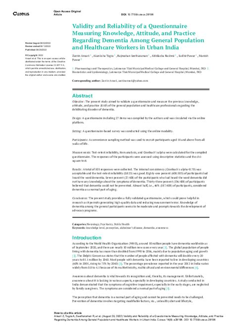 Pdf Validity And Reliability Of A Questionnaire Measuring Knowledge Attitude And Practice