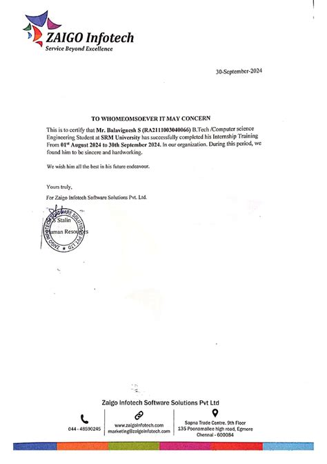 Internship Zaigoinfotech Grateful Newskills Learning Balavignesh