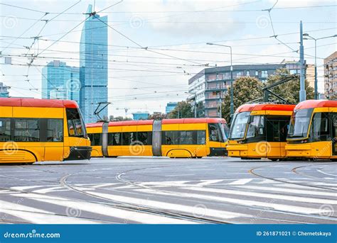 Modern Trams On City Street Public Transport Stock Image Image Of