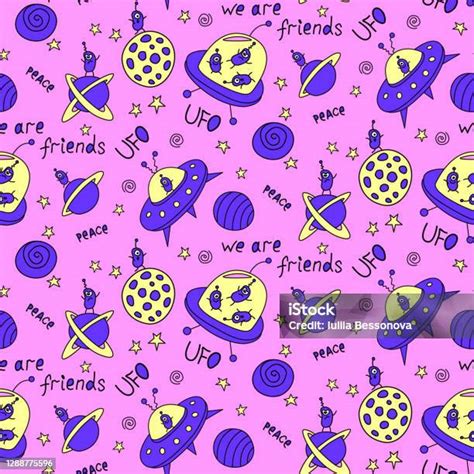 벡터 색상 원활한 유치한 패턴 귀여운 윤곽 괴물 외계인 공간 낙서 레터링 플라잉 접시 Ufo 직물 포장 벽지 직물 의류 커버용 0명에 대한 스톡 벡터 아트 및 기타 이미지