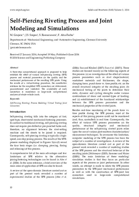 Pdf Self Piercing Riveting Process And Joint Modeling And Simulations