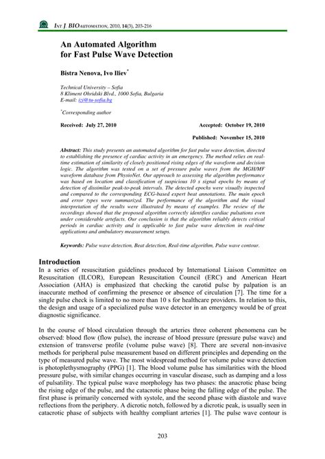 Pdf An Automated Algorithm For Fast Pulse Wave Detection