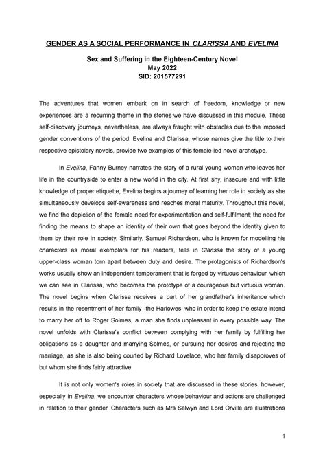 Final Essay SEX ANS Suffering GENDER AS A SOCIAL PERFORMANCE IN CLARISSA AND EVELINA Sex And