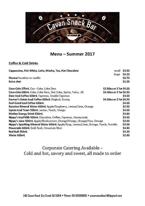 Menu At Cavan Snack Bar Gepps Cross