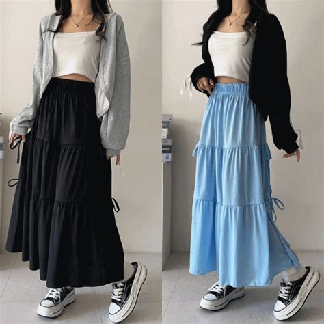 55~99🎀 빅사이즈 러블리 캉캉 옆리본 훌 플레어 A라인 밴딩 롱 스커트 에이블리