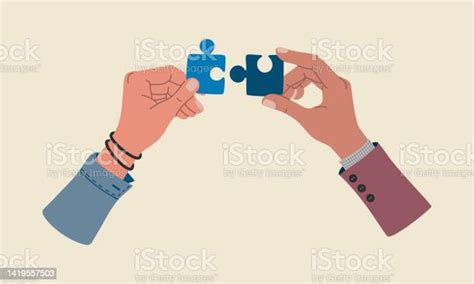 두 손이 퍼즐 조각을 연결합니다 비즈니스 솔루션 팀워크 파트너십 개념에 대한 스톡 벡터 아트 및 기타 이미지 개념 기업 비즈니스 기회 Istock