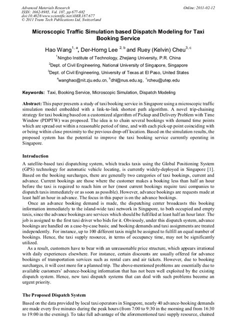 Microscopic Traffic Simulation Based Dispatch Modeling For Taxi Booking Service Scientificnet