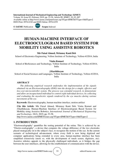 Pdf Human Machine Interface Of Electrooculogram Based System For Mobility Using Assistive Robotics