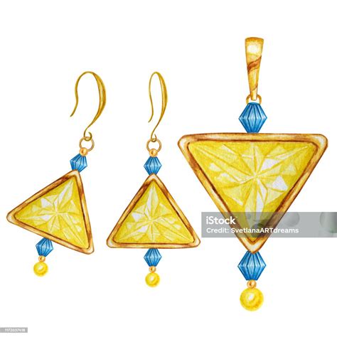 녹색 에메랄드 드롭 골드 원소와 노란색 삼각형 크리스탈 보석 구슬 흰색 배경에 황금 펜던트와 귀걸이를 그리는 수채화 아름 다운 보석 세트입니다 0명에 대한 스톡 벡터 아트