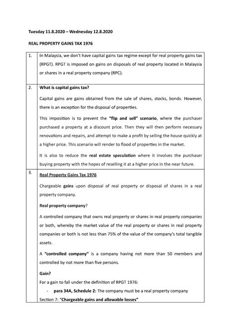 RPGT RPGT Tuesday Wednesday REAL PROPERTY GAINS TAX In Malaysia