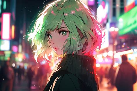 Pretty Anime Young Woman With Green Hair In Night City With Pink Light