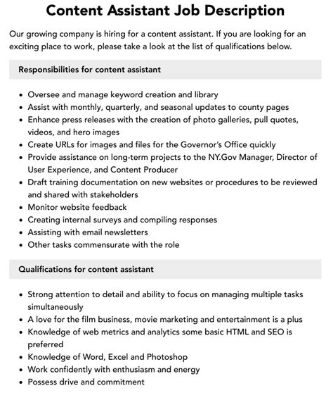 Content Assistant Job Description Velvet Jobs