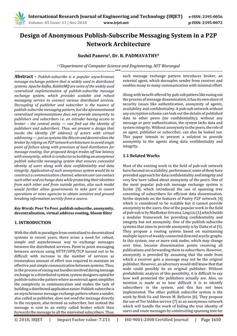 Irjet Design Of Anonymous Publish Subscribe Messaging System In A P2p Network Architecture Pdf