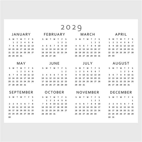 2029 Calendar Printable Single Page Full Year Calendar Year At A