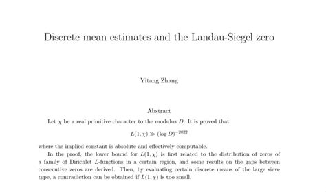 Lecture Discrete Mean Estimates And The Landan Siegel Zero