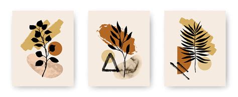 추상적 기하학적 석재 질감 모양과 식물현대 미적 포스터의 벡터 세트 프린트 가정 및 벽 장식 초대장을위한 중반 세기 스타일의 현대적인 보헤미안 예술 배경 0명에 대한 스톡