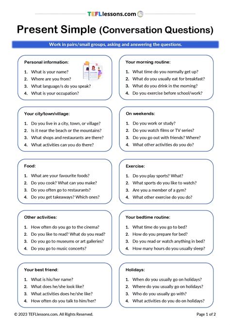 40 Present Simple Conversation Questions | TEFL Lessons - tefllessons.com | ESL | English ...