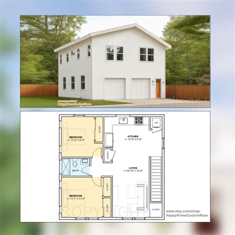 30 X 30 Two Bedroom Garage Apartment Architectural Plan With