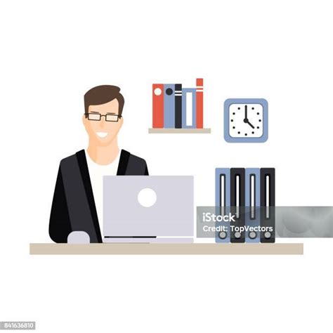 그의 사무실 직장 사무실 직원 벡터 일러스트 레이 션의 일상 생활에서 노트북으로 작업 하는 젊은 사업가 문자 개념에 대한 스톡 벡터 아트 및 기타 이미지 Istock