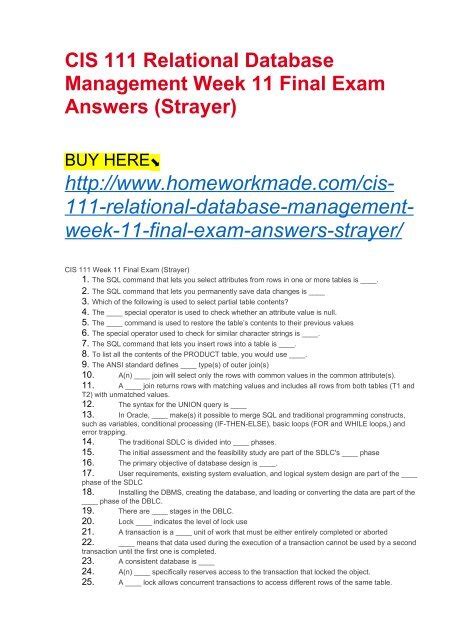 Cis 111 Relational Database Management Week 11 Final Exam Answers Strayer