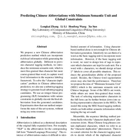 Predicting Chinese Abbreviations With Minimum Semantic Unit And Global Constraints Acl Anthology