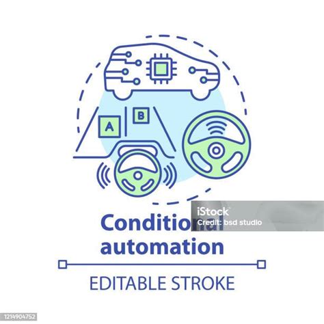 조건부 자동화 개념 아이콘입니다 어댑티브 크루즈 컨트롤 자율 기능을 갖춘 자동차 안전 운전 아이디어 얇은 라인 일러스트를 위한 시스템 벡터 절연 윤곽선 도면 편집 가능한