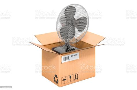 골판지 상자 배달 개념 내부 테이블 팬 흰색 배경에서 격리된 3d 렌더링 3차원 형태에 대한 스톡 사진 및 기타 이미지 3차원 형태 가정 생활 개념 Istock