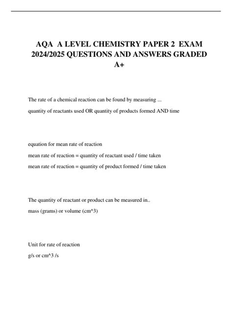 Aqa A Level Chemistry Paper 2 Exam 2024 2025 Questions And Answers Graded A Aqa A Level