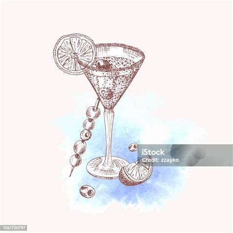 알코올 칵테일 음료 수채화 배경 샴페인에 손으로 그린 스케치 아트 거품 바 레스토랑 카페 메뉴 전단지 배너 포스터 조각 스타일