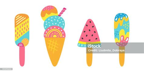 롤리 아이스 다른 토핑과 과일 얼음과 콘을 포함한 다양한 맛있는 아이스크림의 여름 밝은 세트 벡터 일러스트 레이 션 Popsicle Stick에 대한 스톡 벡터 아트 및