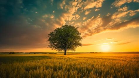 Premium AI Image A Tree In A Field With A Sunset Behind It