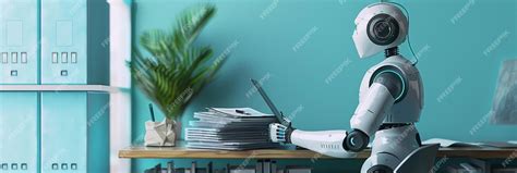 Humanoid Robot Working On A Computer At A Desk With Stacks Of Documents