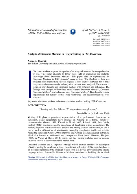 Pdf Analysis Of Discourse Markers In Essays Writing In Esl Classroom
