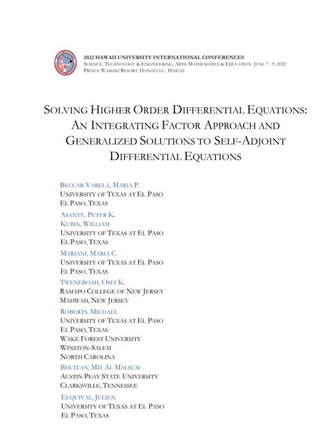 Pdf Solving Higher Order Differential Equations An Integrating Factor Approach And Pdf Solving Higher Order Differential Equations An Integrating Factor Approach And