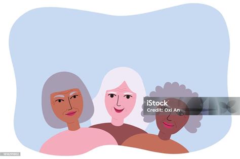 노인 여성은 회색 머리 주름 손으로 그린 벡터 일러스트 레이 션과 다른 인종 다양한 피부색의 여성 얼굴이 있는 텍스트의 배경 카드입니다 은퇴 커뮤니티생활 습관 미용 건강