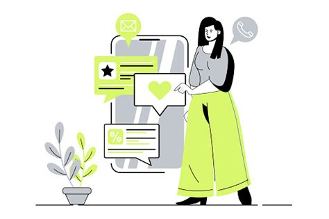 웹 사이트 디자인을 위한 평면 만화 사람들과 함께 소셜 미디어 마케팅 웹 개념 광고 정보와 함께 새로운 게시물을 만드는 여자 앱에서 청중에게 온라인 프로모션을하고 있습니다