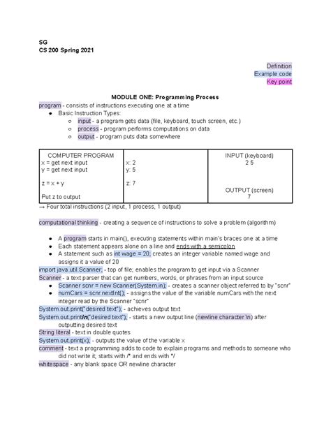 Cs 200 Programming 1 Java Modules 1 2 Sg Cs 200 Spring 2021 Definition Example Code Key