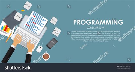 Programming Coding Concept Flat Background Vector เวกเตอร์สต็อก ปลอด