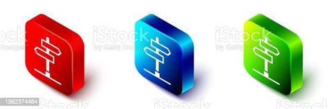 등각 도로 교통 표지판 흰색 배경에 격리된 표지판 아이콘입니다 포인터 기호입니다 격리 된 거리 정보 표지판 방향 기호입니다 빨간색 파란색 및 녹색 사각형 버튼 벡터 3차원
