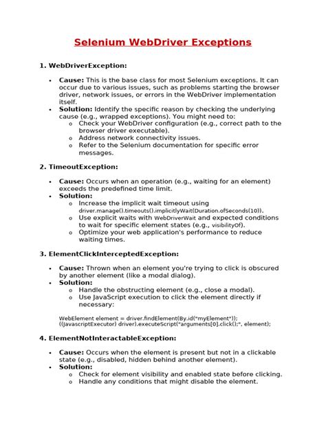 selenium webdriver exceptions pdf selenium software document