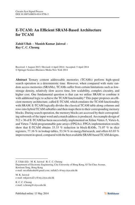 pdf circuits syst signal process e tcam an efficient sram based