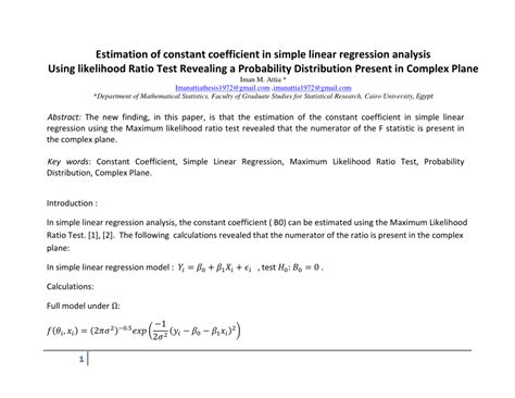 PDF Estimation Of Constant Coefficient In Simple Linear Regression Analysis Using Likelihood