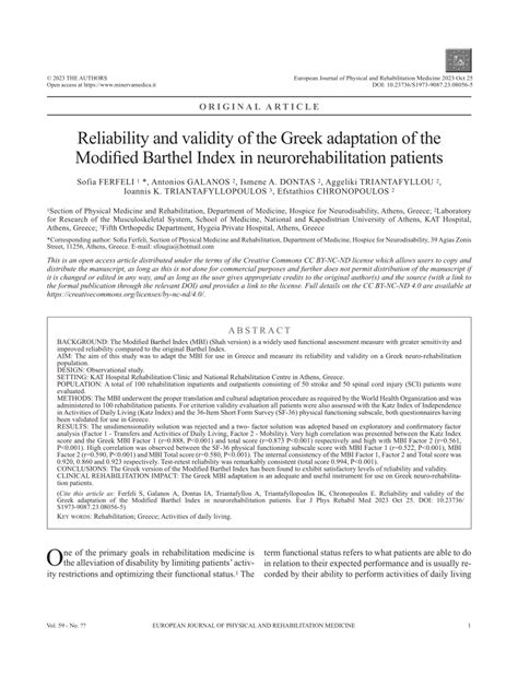 Pdf Reliability And Validity Of The Greek Adaptation Of The Modified Barthel Index In