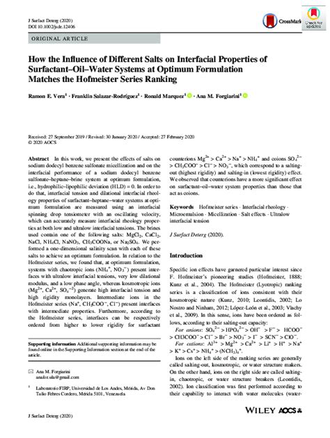Pdf How The Influence Of Different Salts On Interfacial Properties Of Surfactant Oil Water