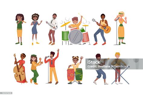 악기 세트를 연주하는 사람들 드럼 기타 색소폰 플루트 콘트라바스 아프로 미국 유럽 남자 악기를 연주 여성 뮤지션 드러머 키보드 연주자 가수 가수에 대한 스톡 벡터 아트 및